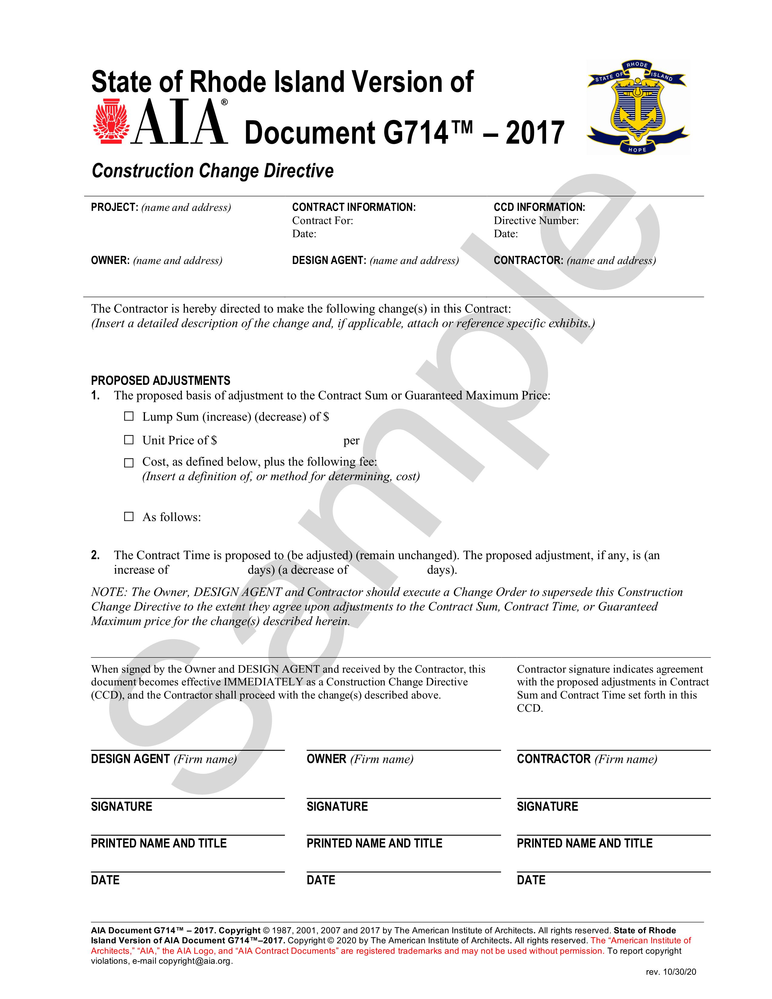 G714-2017 RI, State of Rhode Island Version of AIA Document G714™–2017 Construction Change Directive